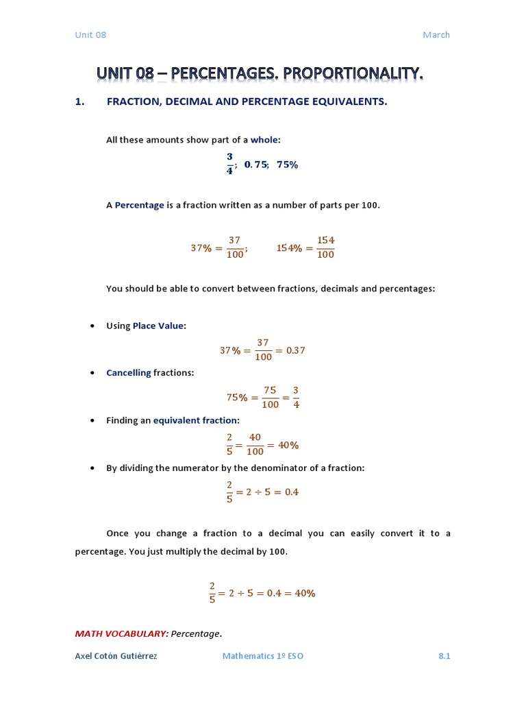 1 Eso - Unit 08 - Percentages. Proportionality. | PDF | Fraction ...