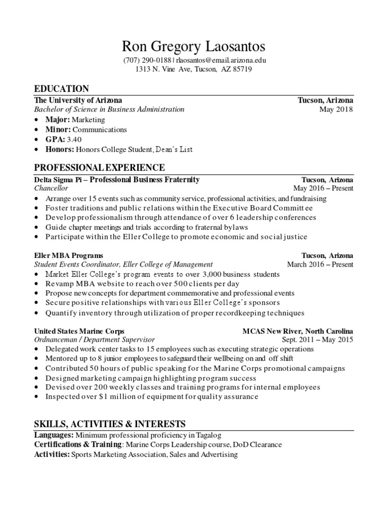 UArizona Eller Resume Example | PDF | Career & Growth