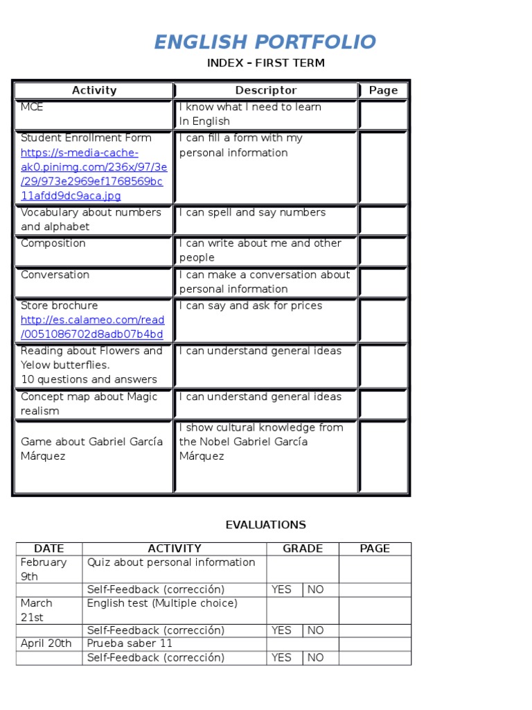 English Portfolio First Term Index | PDF