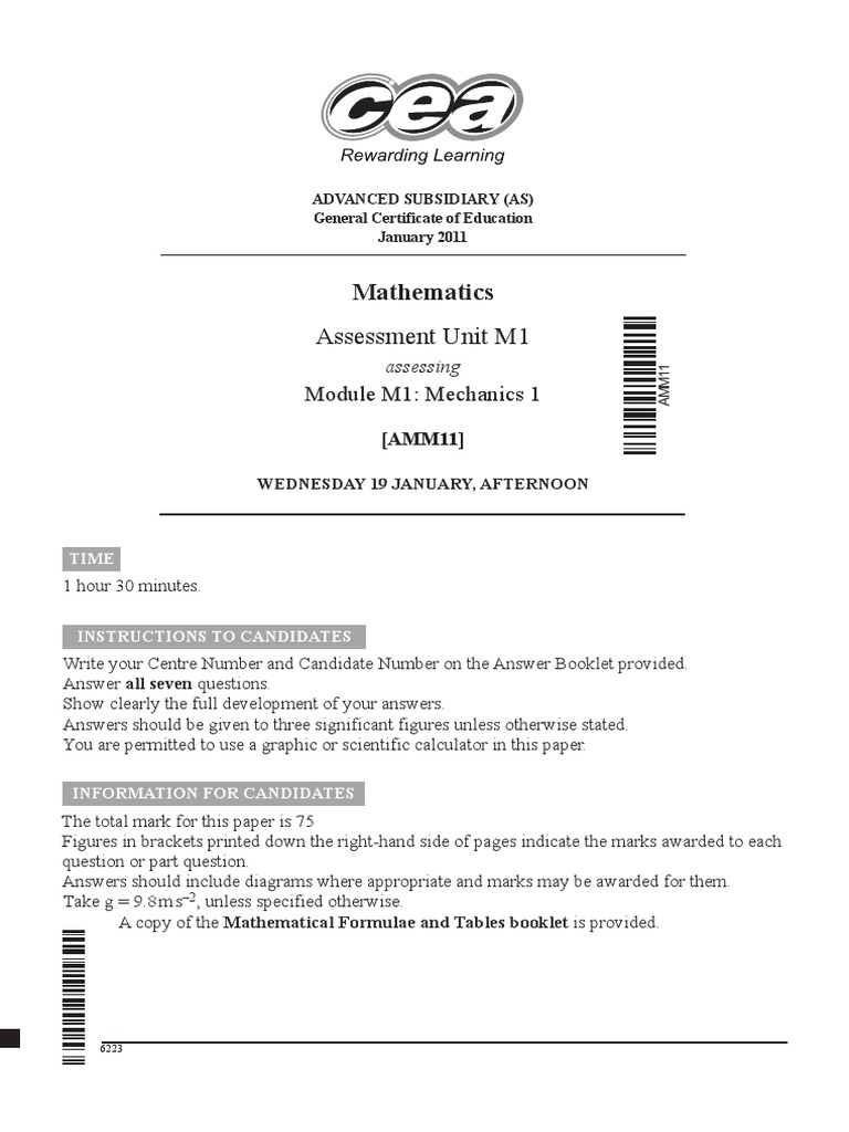 A2AS MATH Past Papers Mark Schemes Standard January Series 2011 7812 ...