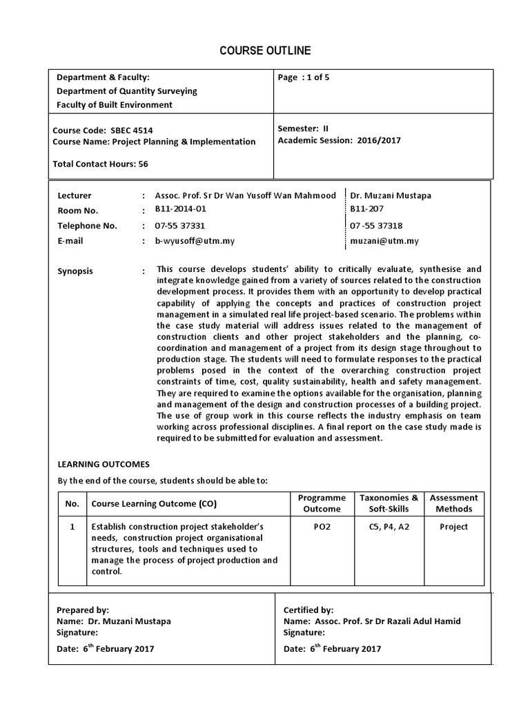 Project Planning Course Outline | PDF | Tutor | Educational Assessment