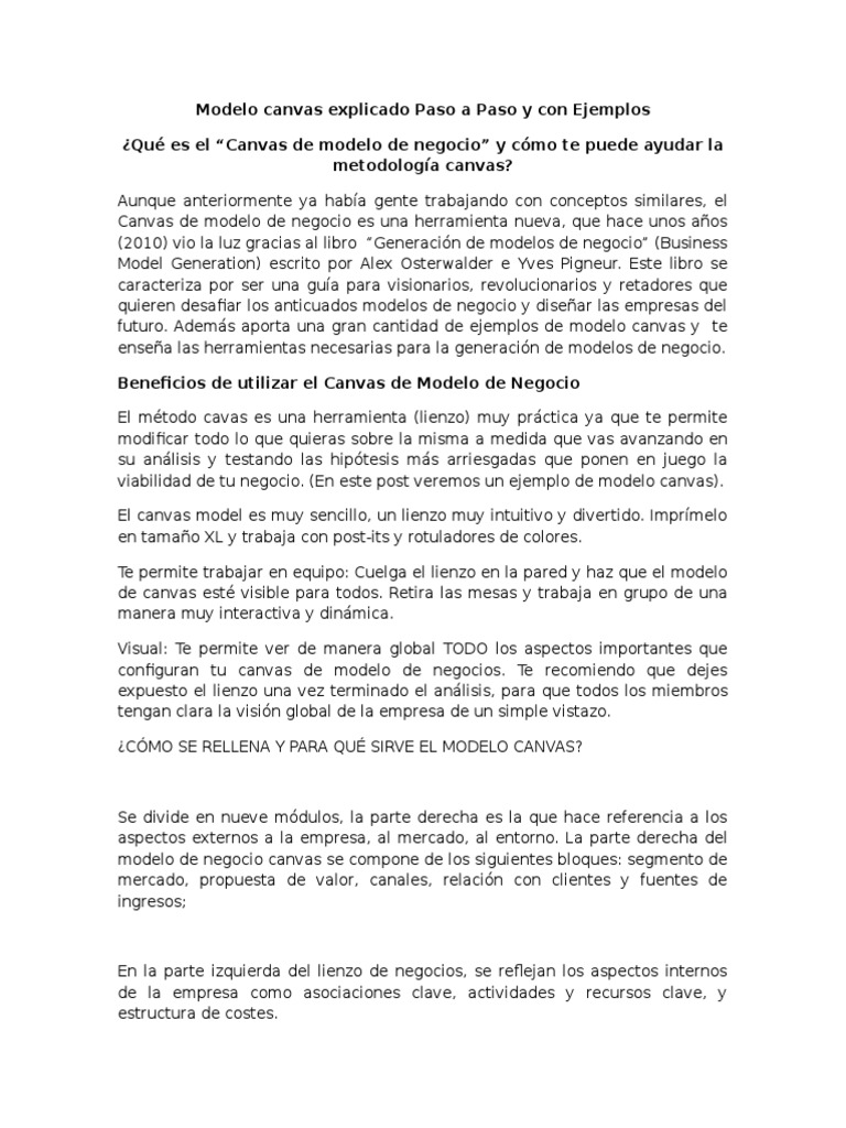 Modelo Canvas Explicado Paso A Paso y Con Ejemplos | PDF | Modelo de ...