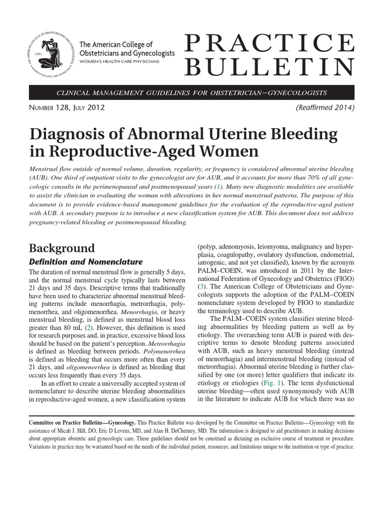 ACOG Abnormal Uterine Bleeding Diagnosis | PDF | Hemostasis ...