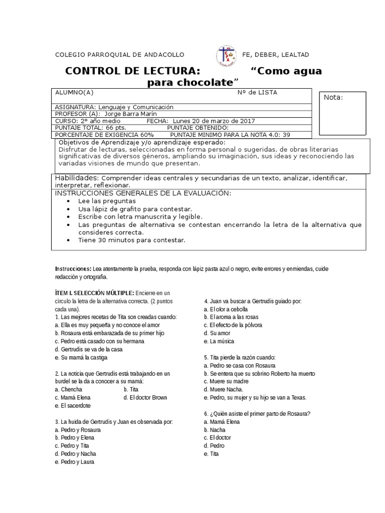 Control de Lectura: "Como Agua para Chocolate" | PDF | Lectura (proceso)