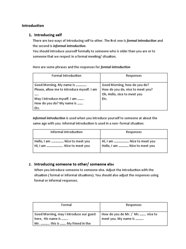 Introducing Self: Informal Introduction Is Used When You Introduce ...