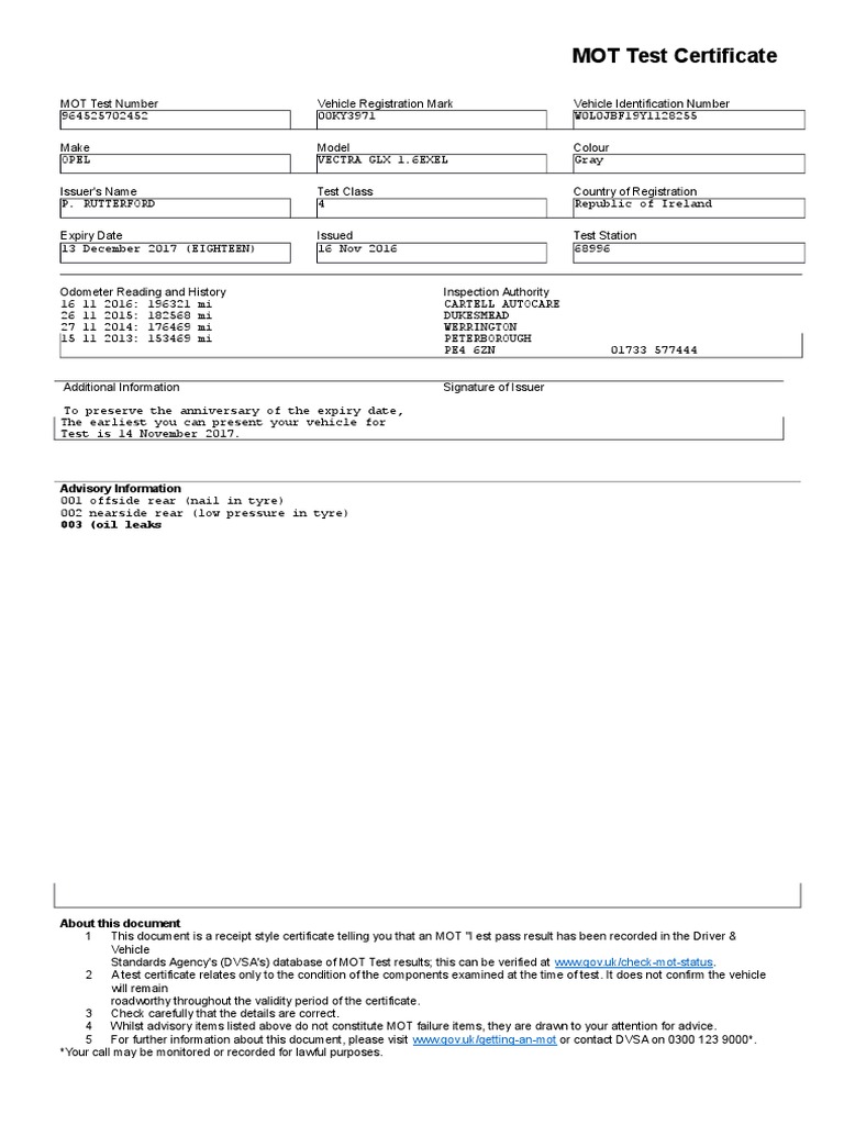 MOT Test Certificate | PDF | Vehicles | Land Transport