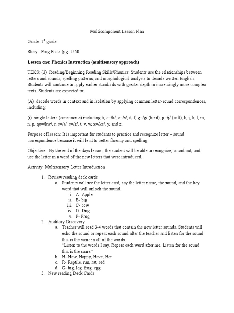 Multicomponent Lesson Plan | PDF | Phonics | Frog