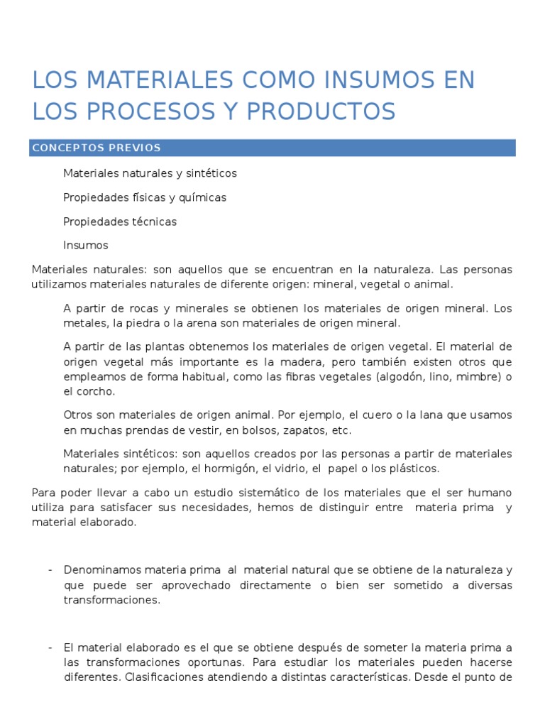 Los Materiales Como Insumos en Los Procesos y Productos | PDF | Materia ...
