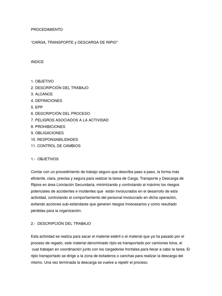 Procedimiento Carga, Transporte y Descarga de Ripio | PDF ...