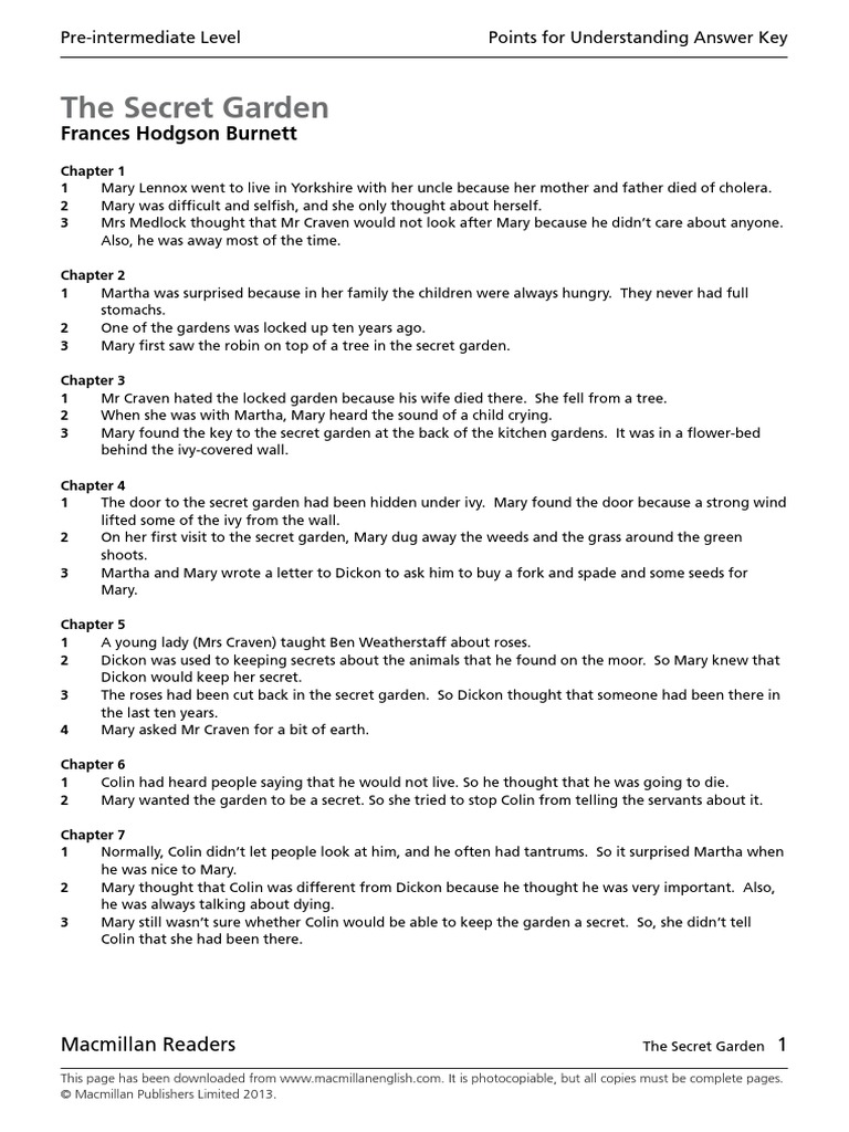 The Secret Garden Points For Understanding Answer Key PDF | PDF | The ...