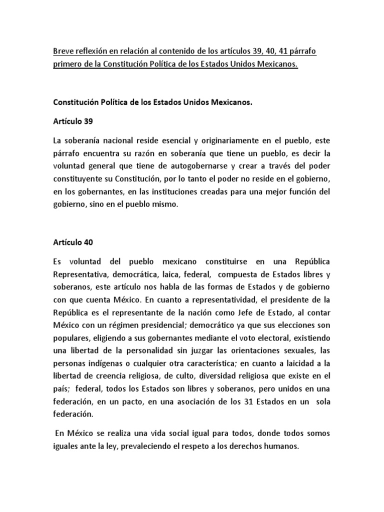 Artículos 39, 40 y 41 de La Constitución Mexicana | PDF