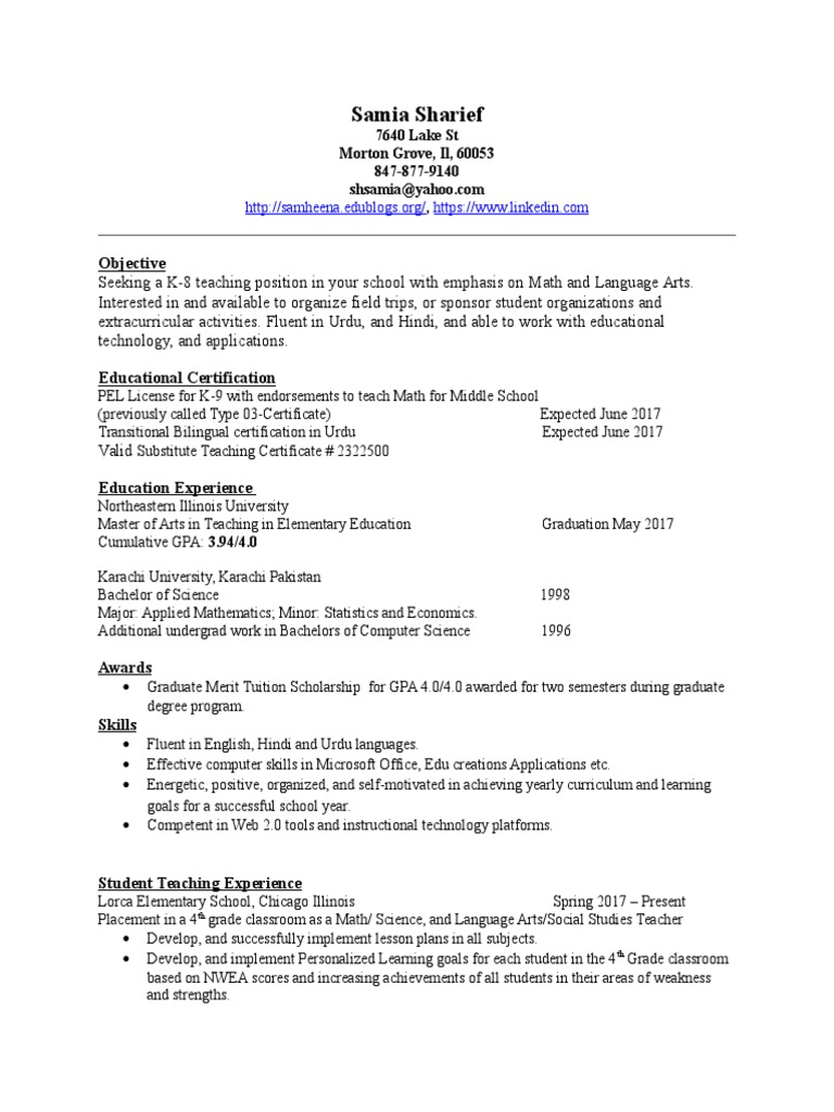 Resume For Samia For Teaching Positions | PDF | Differentiated ...