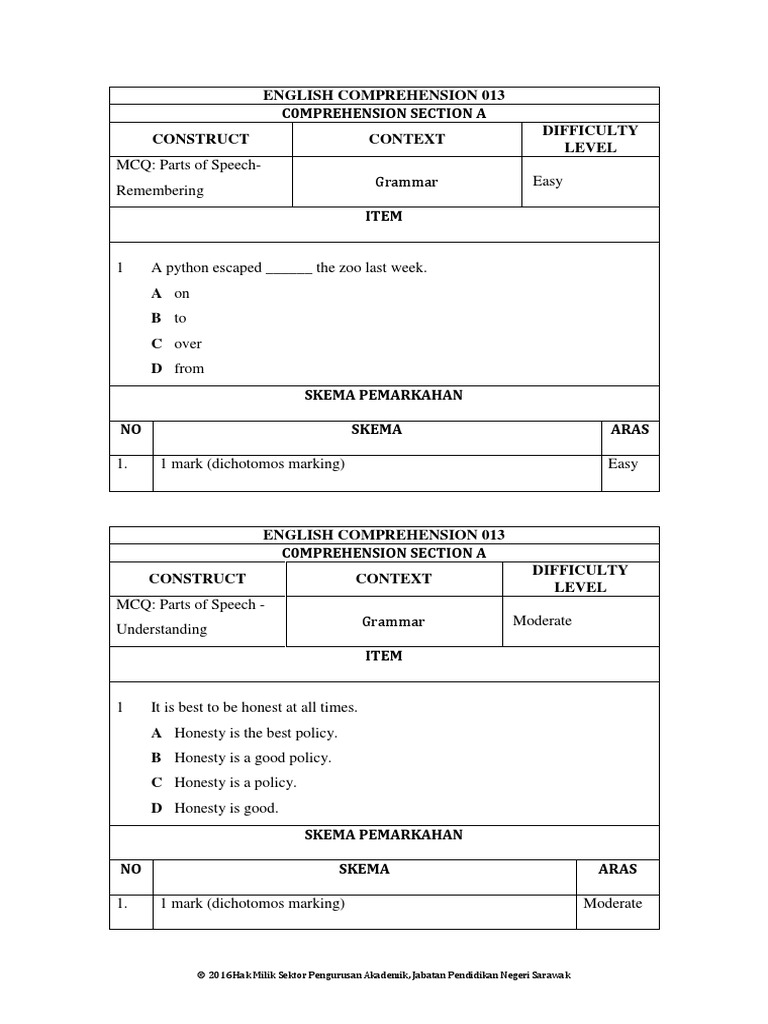 Item Contoh Comprehension 013 | PDF | Reading Comprehension | English ...