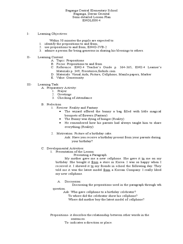 Teaching Prepositions "To" and "From | PDF | Lesson Plan | Teaching