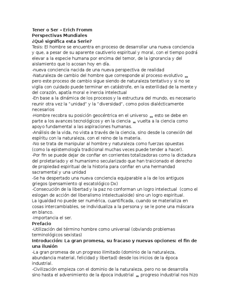 Tener o Ser Erich Fromm Resumen Cap. 1 y 2 | PDF | Existencia | Filosofía