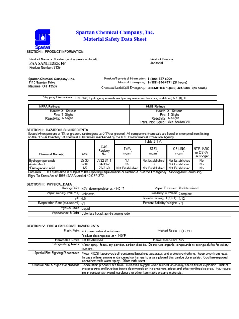 Peracetic Acid SDS | PDF | Fires | Personal Protective Equipment