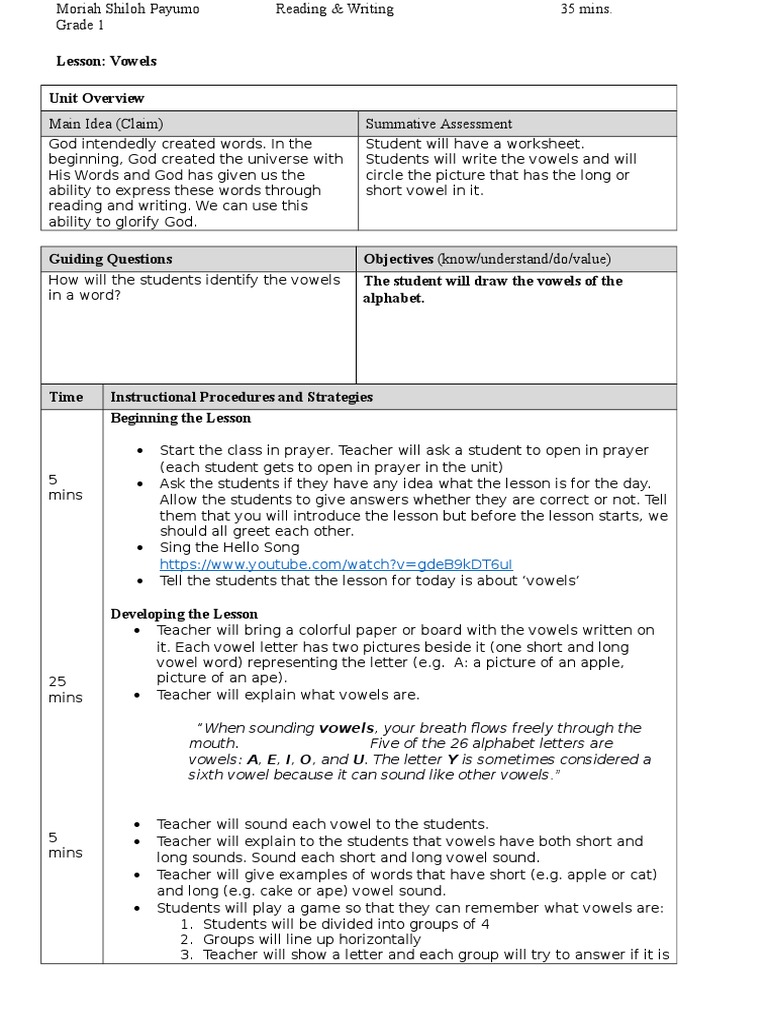 Grade 1 Vowel Lesson Plan | PDF | Educational Assessment | Lesson Plan