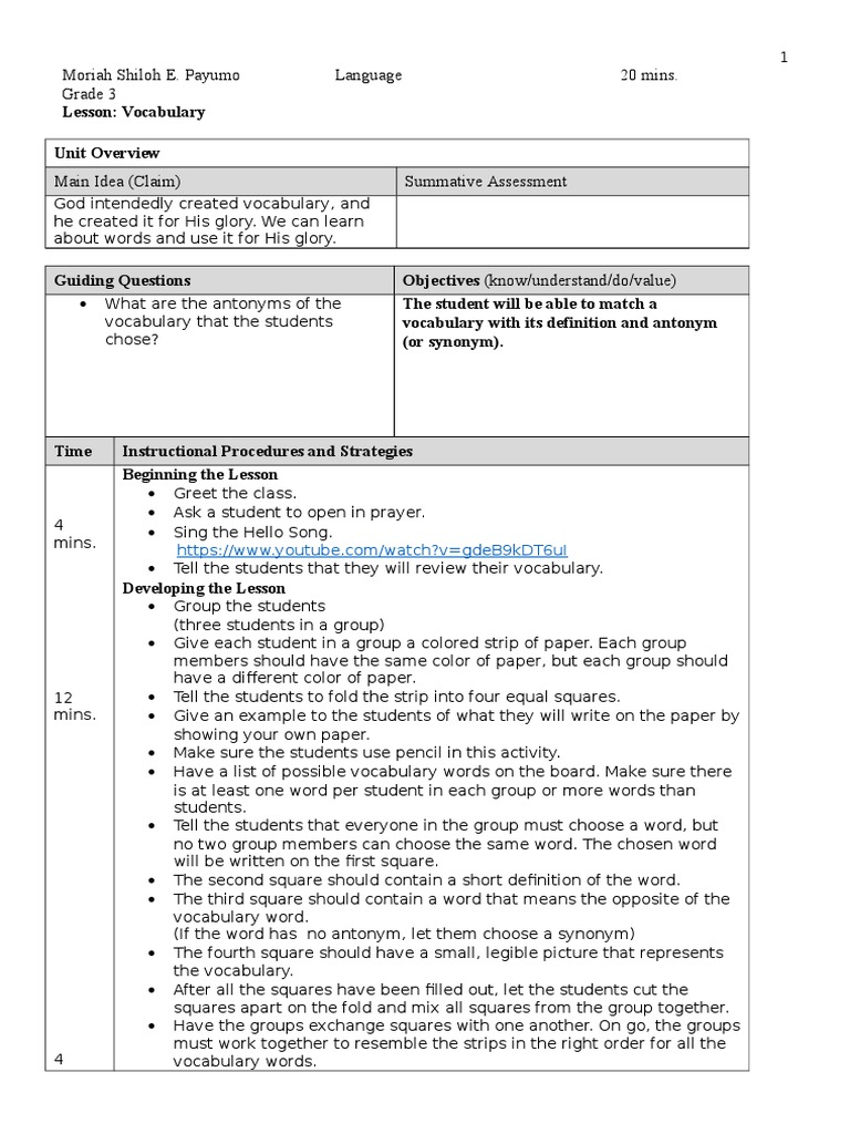 Mini Lesson - Vocabulary | Download Free PDF | Educational Assessment ...