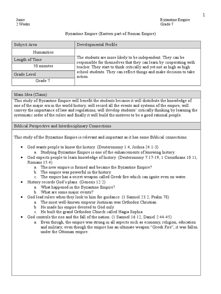 Byzantine Empire Unit Plan | PDF | Educational Assessment | Byzantine ...
