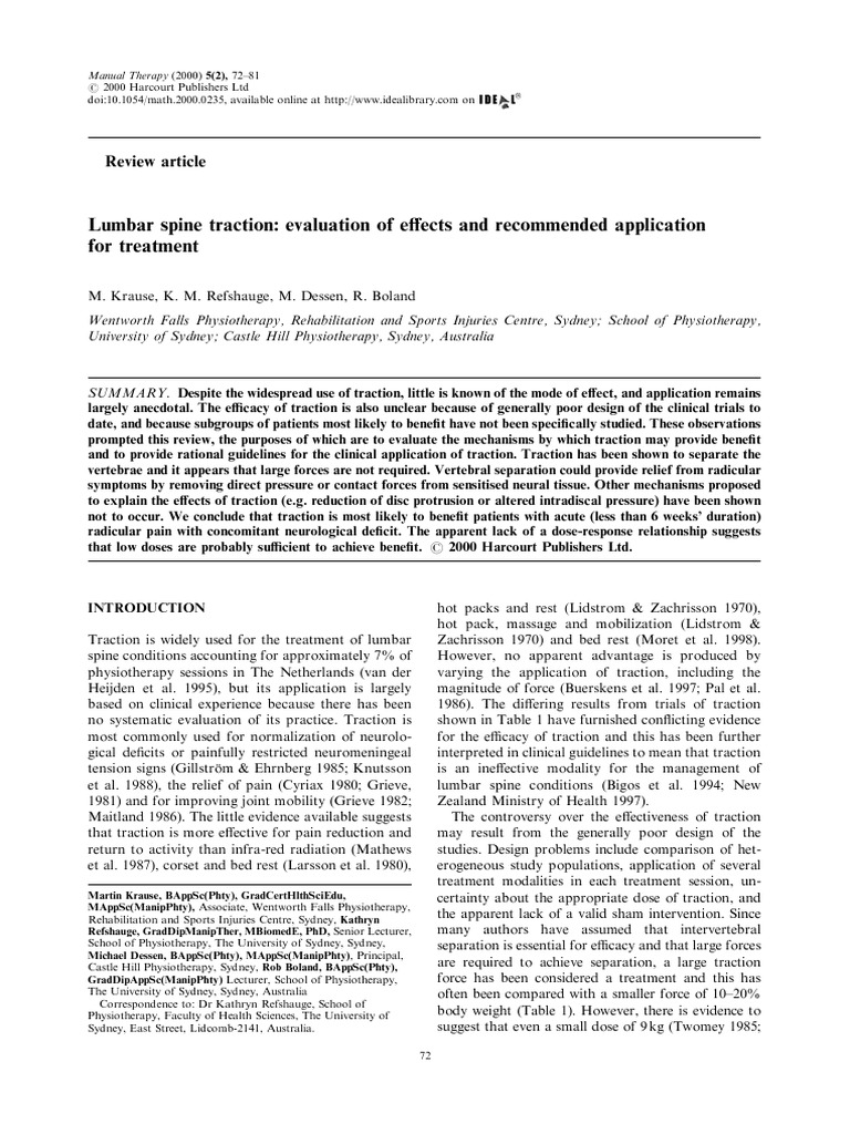 Lumbar Traction Review | PDF | Pain | Vertebral Column