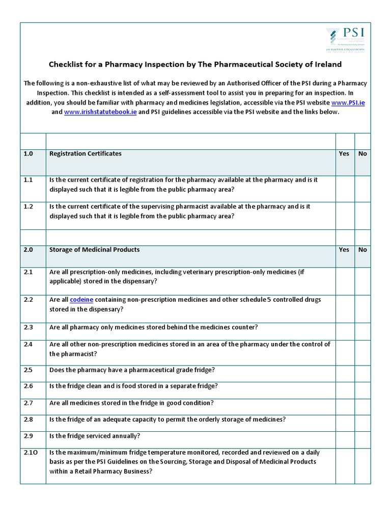 Regular PSI Inspection Checklist | PDF | Pharmacy | Medical Prescription