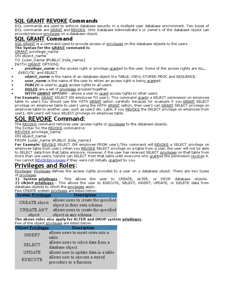 Sql Grant Revoke Commands Sql Grant Command Pdf Database Transaction Sql 3766