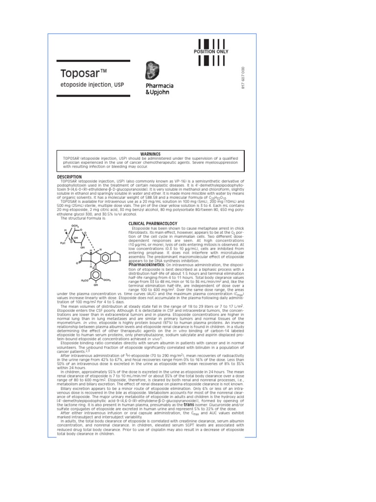 Toposar: Etoposide Injection, USP | PDF | Chemotherapy | Pregnancy