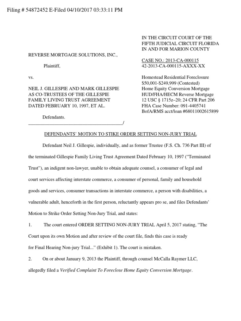 Defendants' Motion To Strike Order Setting Non-Jury Trial | PDF ...