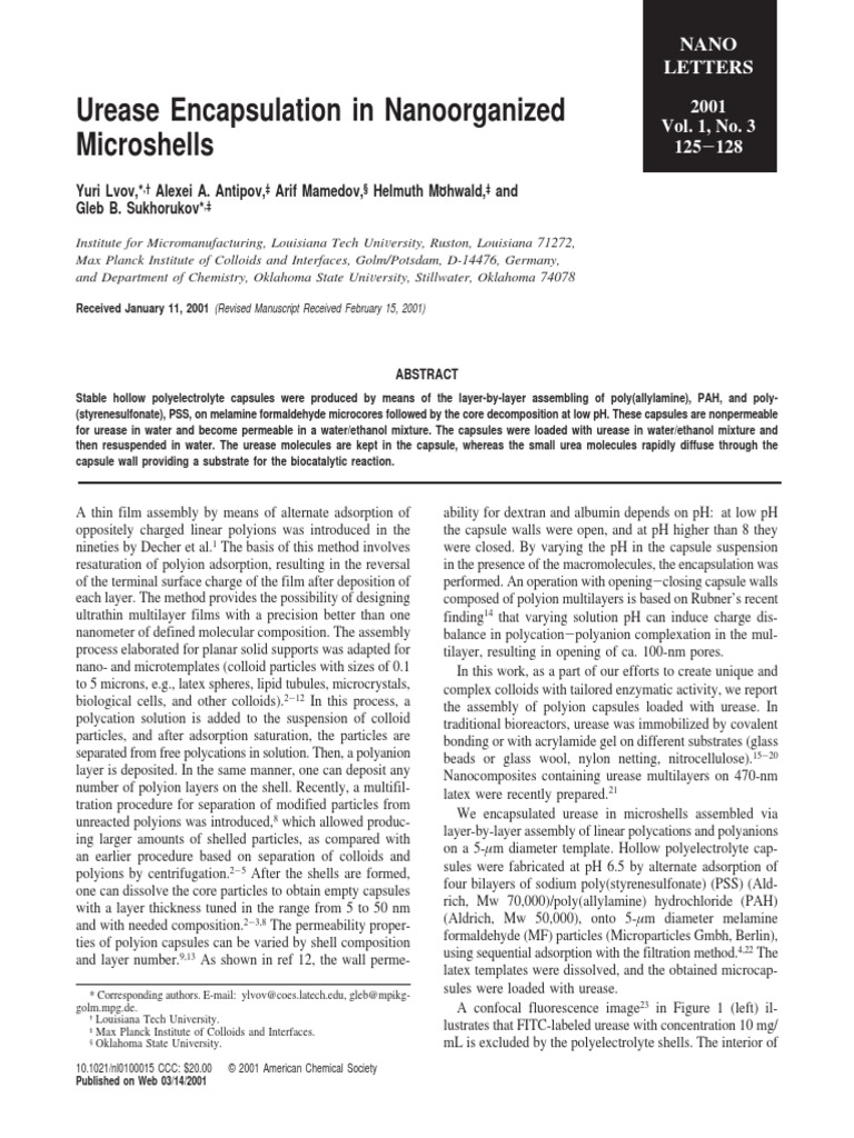Urease Encapsulation in Nanoorganized Microshells | PDF | Colloid | Enzyme