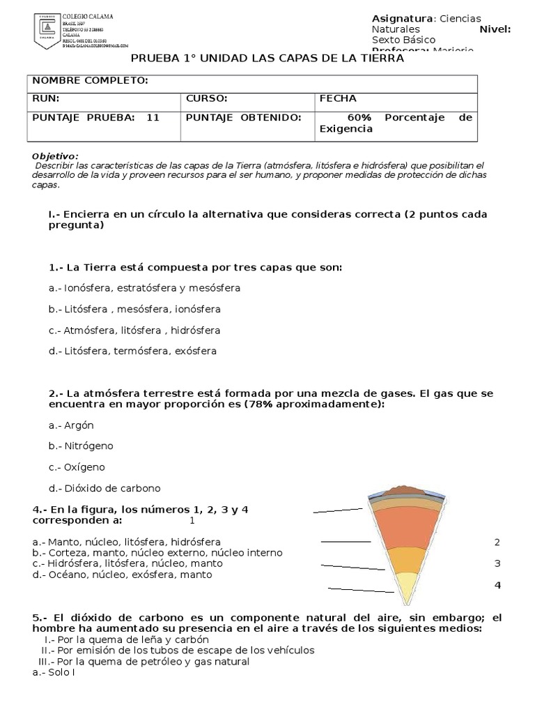 Prueba sobre Capas de la Tierra 6° Básico | PDF | Tierra | Atmósfera de ...