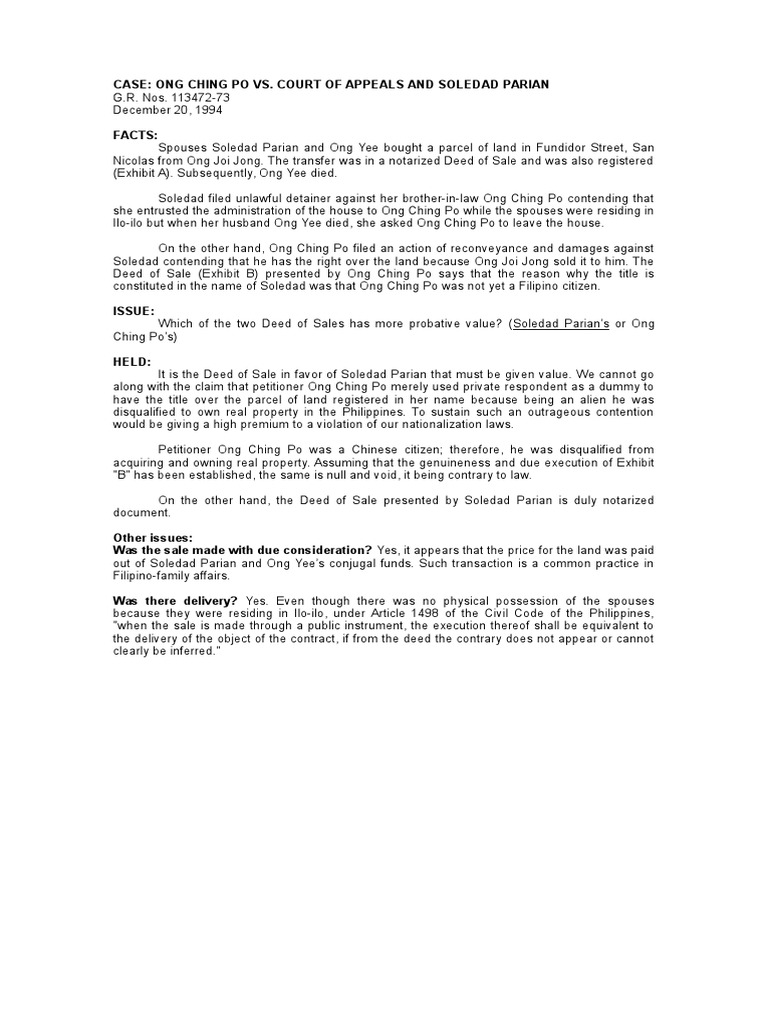 Ong Ching Po vs. CA | PDF | Evidence (Law) | Deed