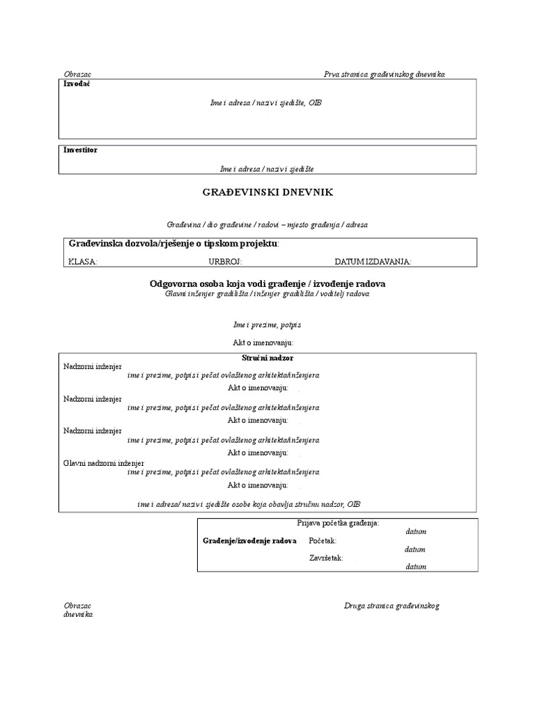 Građevinski Dnevnik - Obrazac | PDF