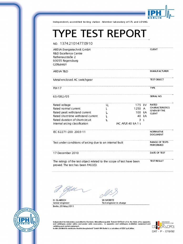 IPH Test Report for AREVA Switchgear | PDF | Electric Arc | Electric Power