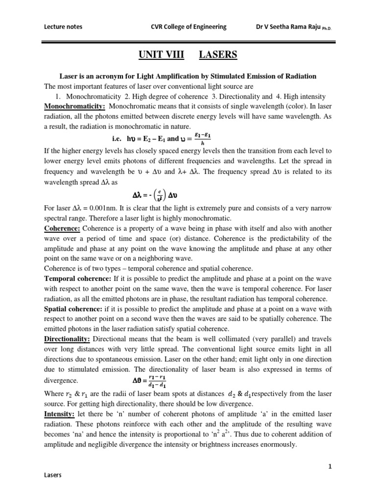 Unit - V Lasers | PDF | Laser | Spectral Line