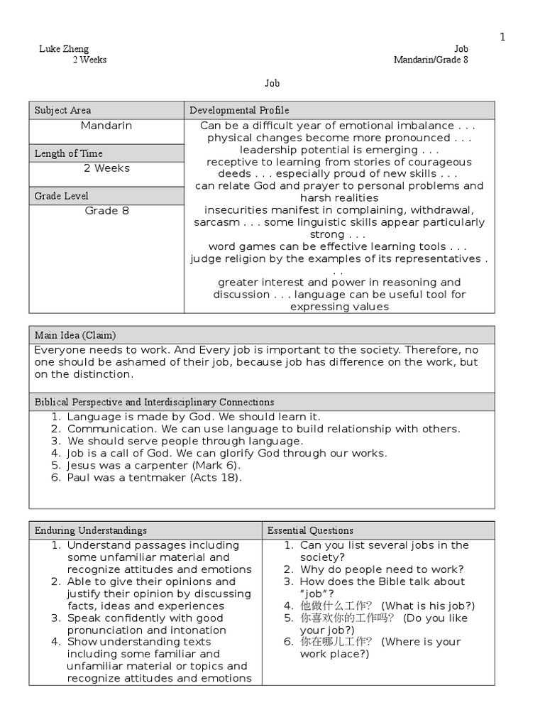 Unit Plan - Job - g8 | PDF | Educational Assessment | Vocabulary