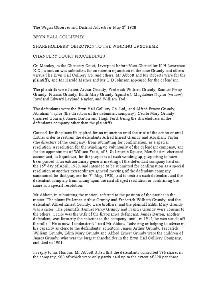 Account of Bryn Hall Colliery Court Case - The Wigan Observer and ...