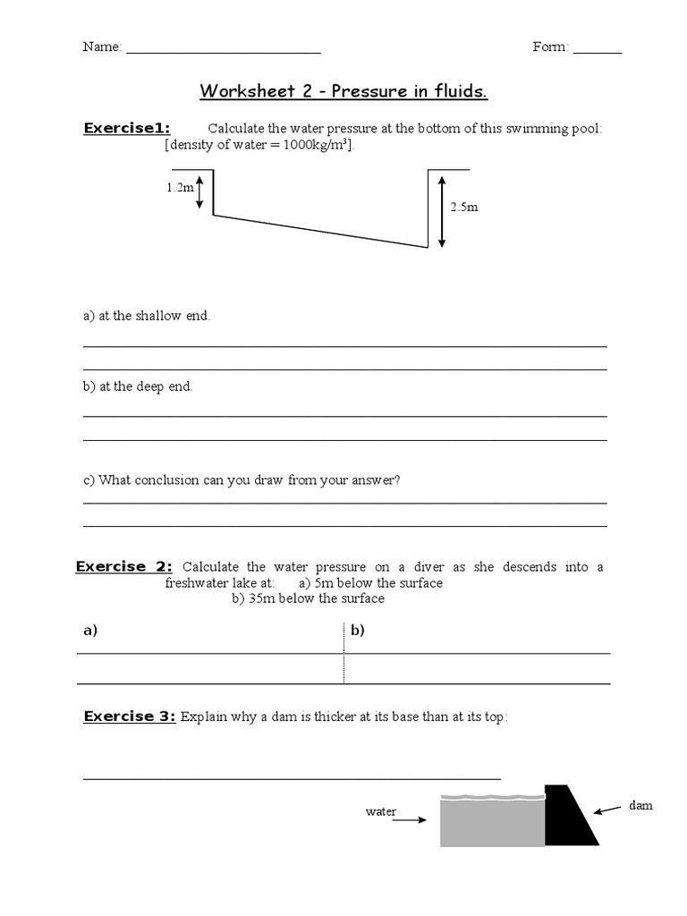 Fluid Pressure Calculation Worksheet | PDF