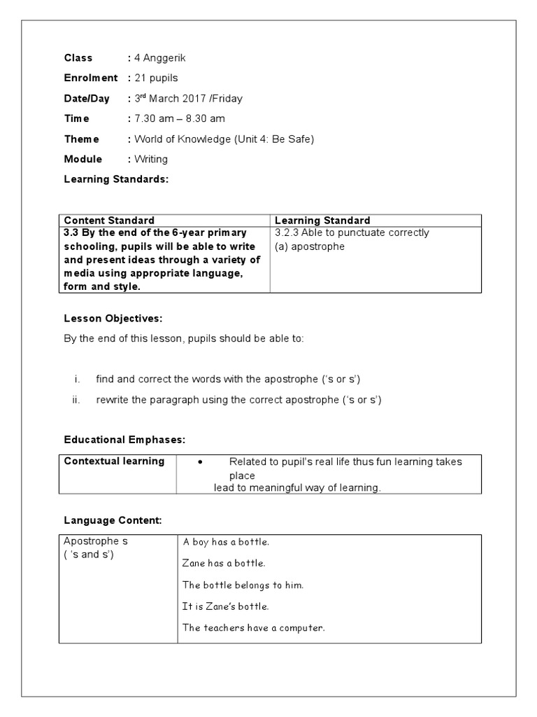 Year 4 Be Safe (Writing) | PDF | Plural | Teachers
