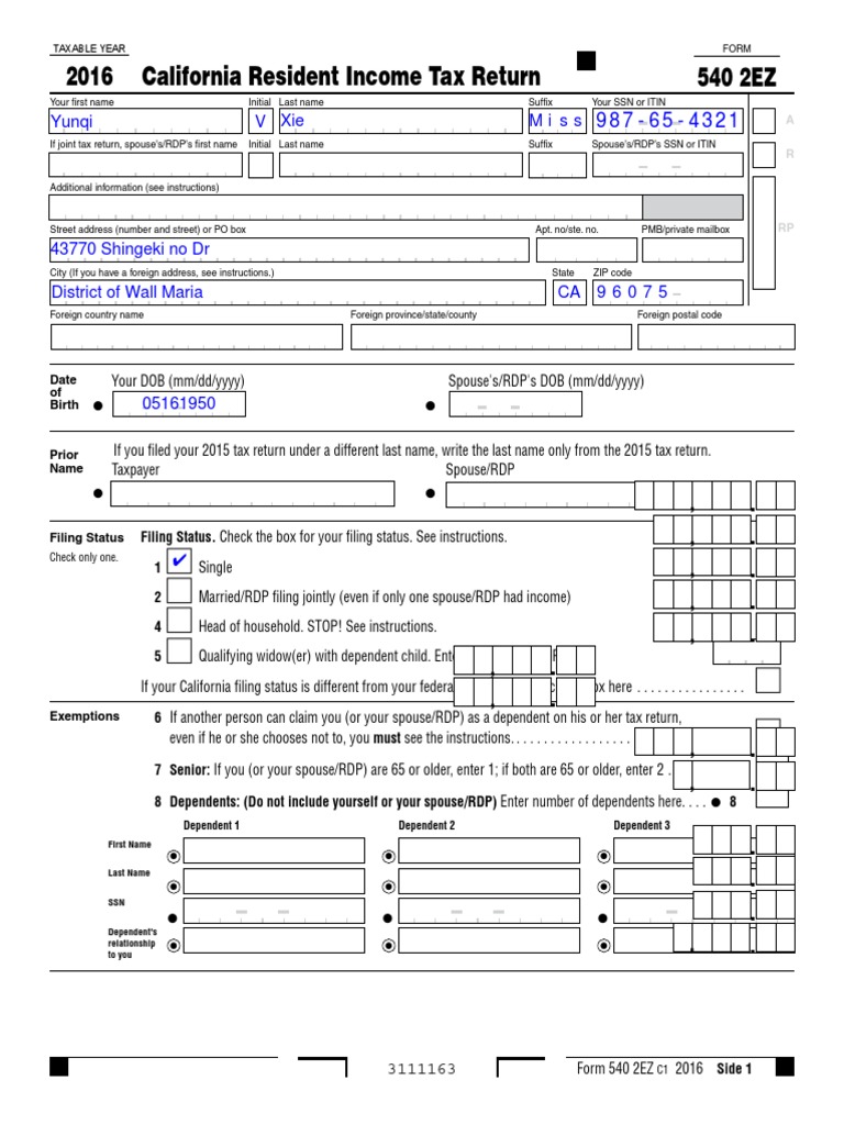 2016 California Resident Income Tax Return Form 540 2ez | Download Free ...