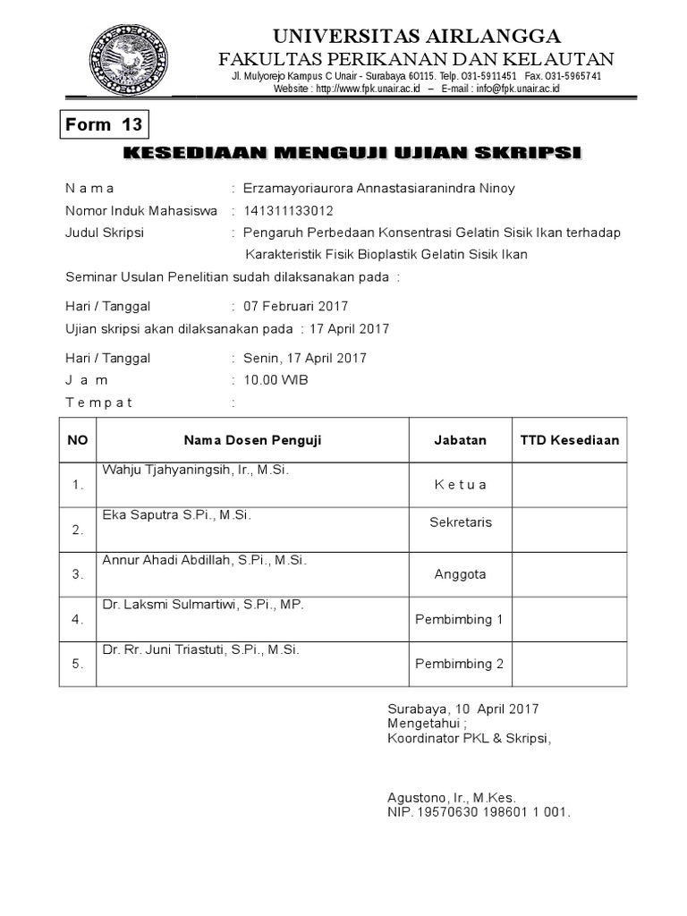 Form13 KesediaanMengujiSkripsi | PDF
