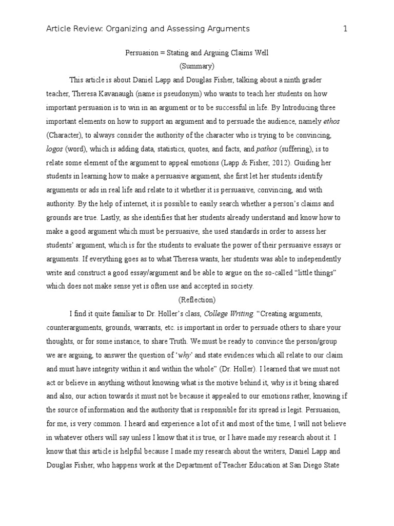 Article Review and Reflection | PDF | Persuasion | Argument
