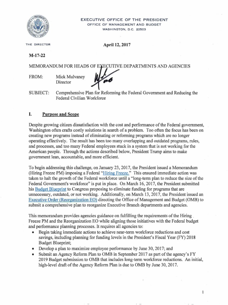 OMB Memo On Reforming The Federal Government and Reducing The Federal Civilian Workforce | PDF ...