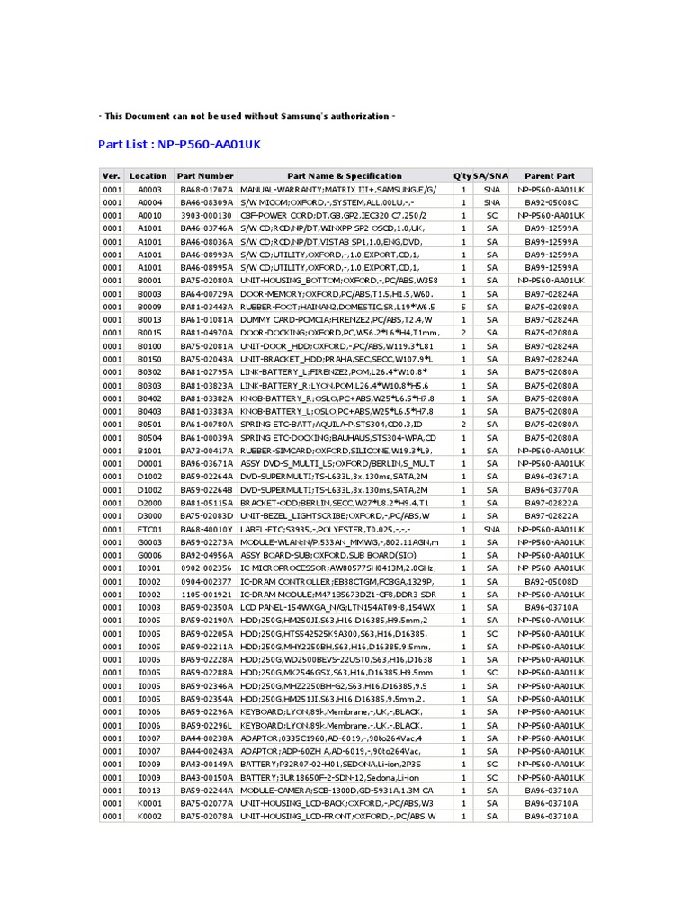 Samsung NP-P560-AA01UK Part List | PDF | Quantity | Physical Quantities