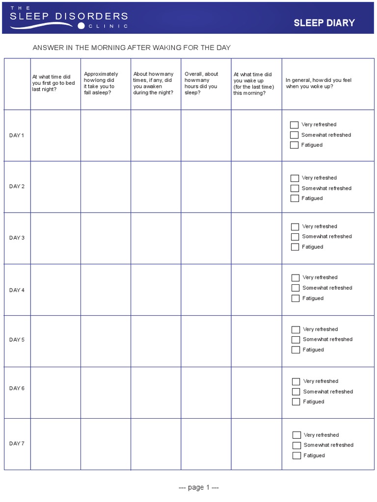 Sleep Diary: Answer in The Morning After Waking For The Day | PDF ...