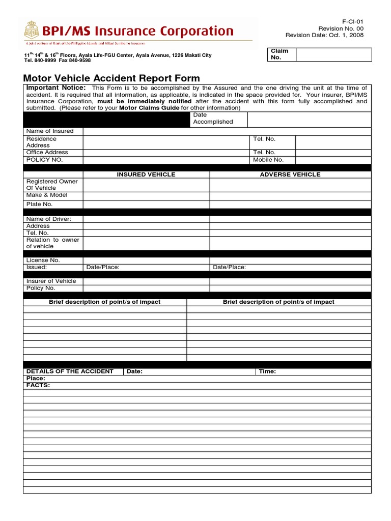 BPI Motor Vehicle Accident Report Form | PDF | Traffic Collision | Vehicles