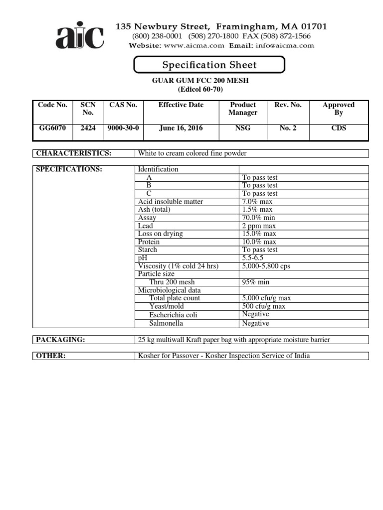 Guar Gum FCC 200 Mesh Edicol 60-70 GG6070 | PDF
