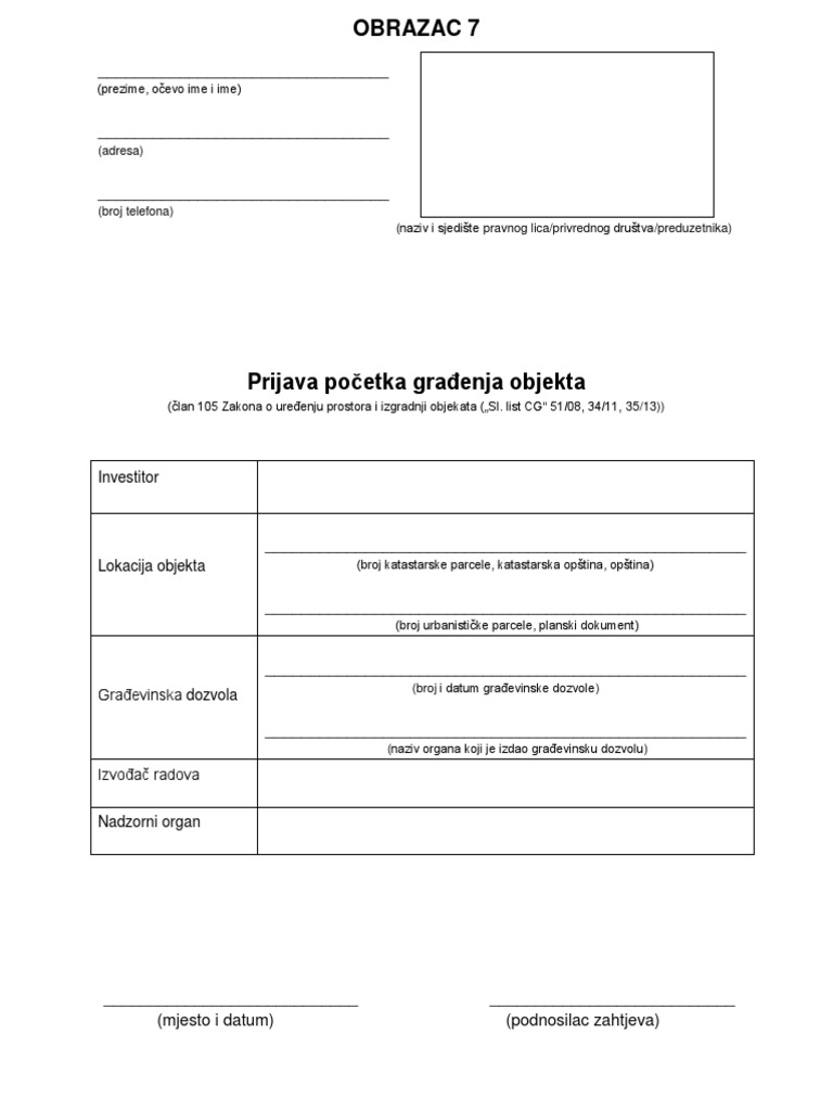 Obrazac Za Prijavu Gradilišta PDF | PDF