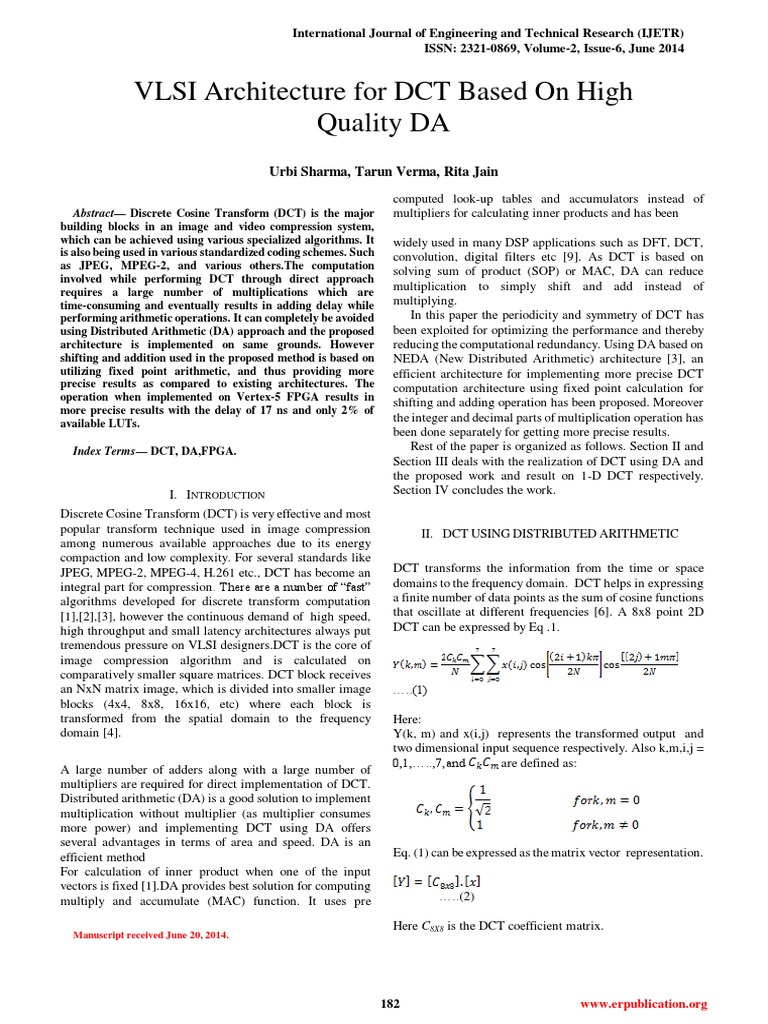 VLSI Architecture For DCT Based On High Quality DA: Urbi Sharma, Tarun Verma, Rita Jain ...