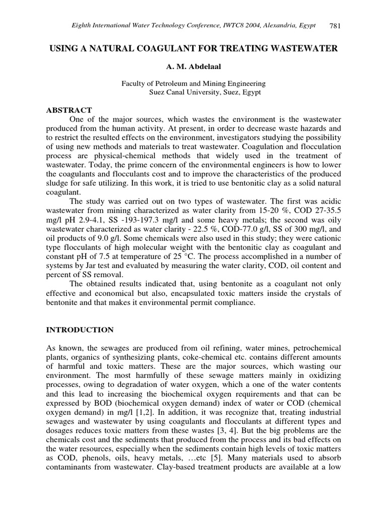 Bentonite Wastewater Treatment PDF | PDF | Wastewater | Chemistry