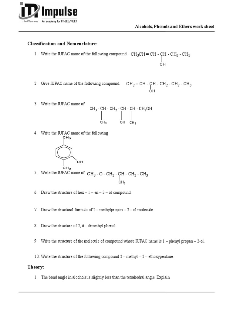 Alcohols, Phenols and Ethers Work Sheet | PDF | Ether | Alcohol